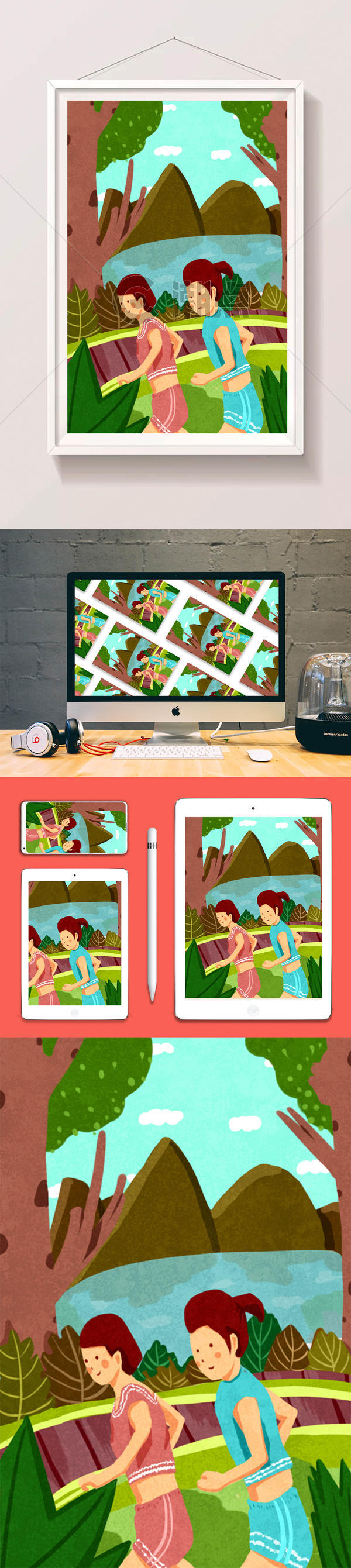 小清新女孩户外健身跑步插画插画原画1024*4575图片素材免费下载-编号1075308-潮点视频