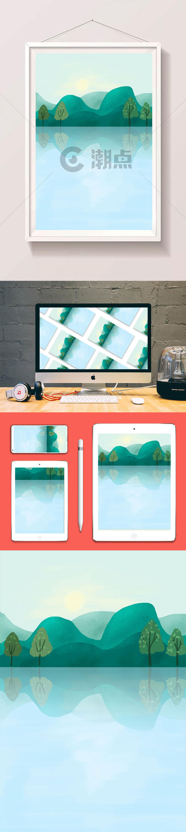 蓝色清新典雅风景插画手绘背景素材通用背景1024*4575图片素材免费下载-编号1107884-潮点视频