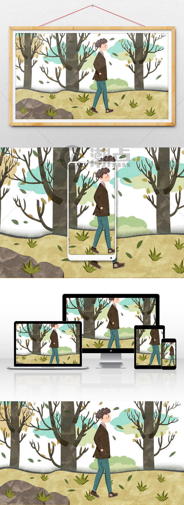 黄褐色十月秋天落叶男性在户外散步插画插画原画1024*2802图片素材免费下载-编号1150126-潮点视频