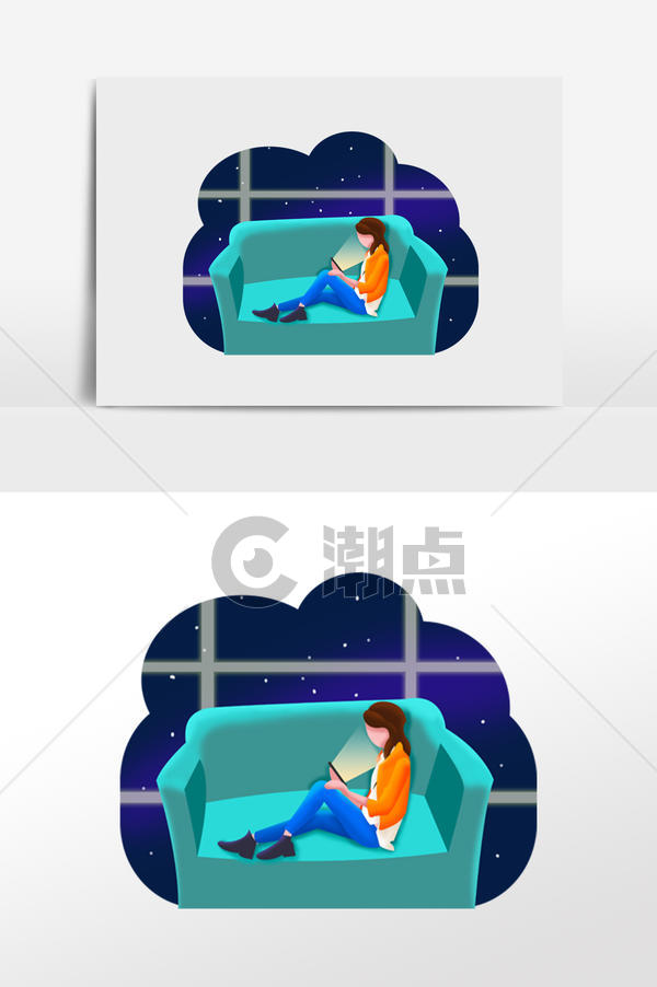 扁平夜空下房间里坐在沙发上看手机的女人通用背景1024*1540图片素材免费下载-编号1218020-潮点视频