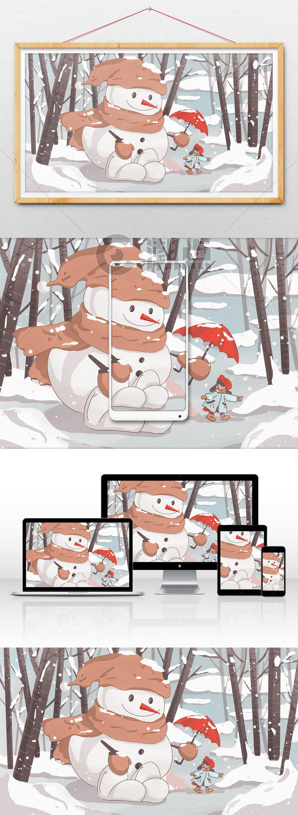 灰色温馨可爱冬天雪人撑伞雪地插画插画原画1024*2802图片素材免费下载-编号1366871-潮点视频