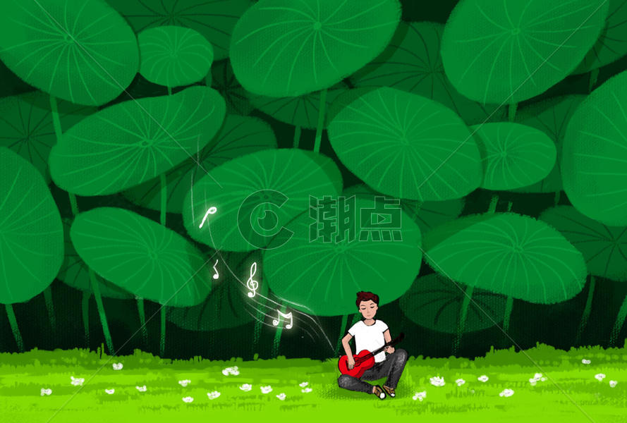 绿叶前弹吉他的男孩插画原画3000*2024图片素材免费下载-编号13371-潮点视频