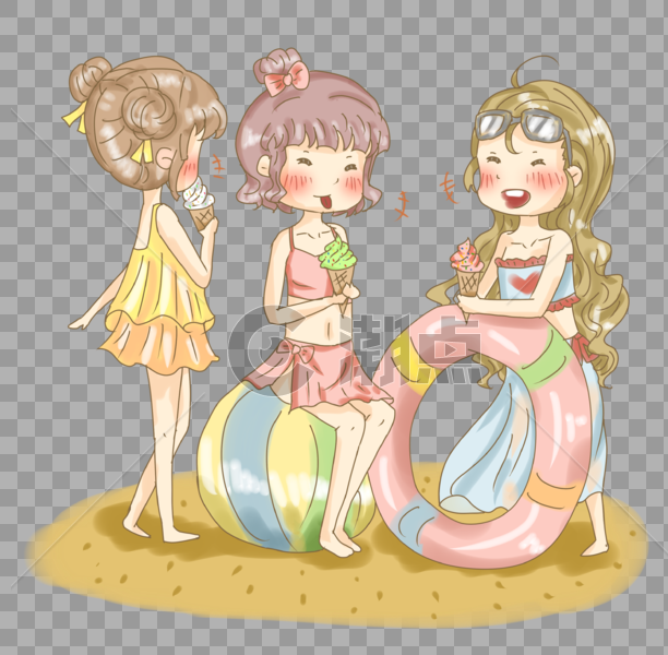 夏日沙滩游泳玩耍吃冰淇淋插画素材设计元素3008*2946图片素材免费下载-编号352097-潮点视频